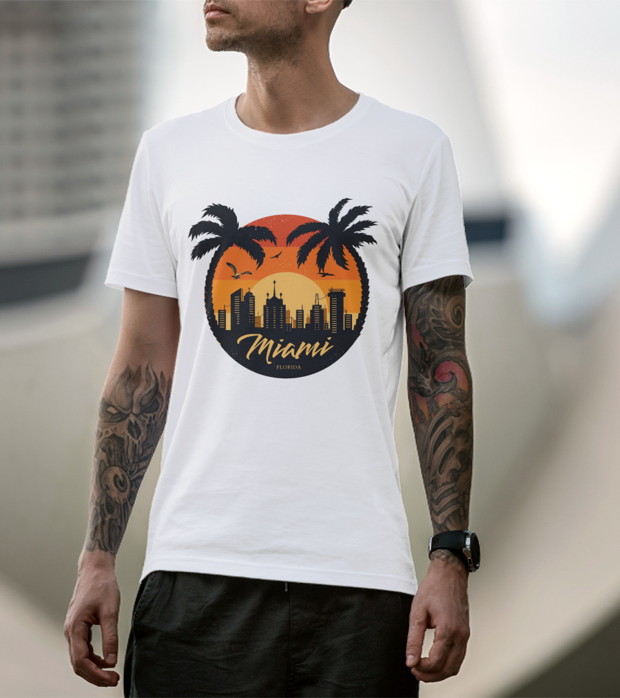 Miami Florida Sunset Skyline Palm Trees T-Shirt