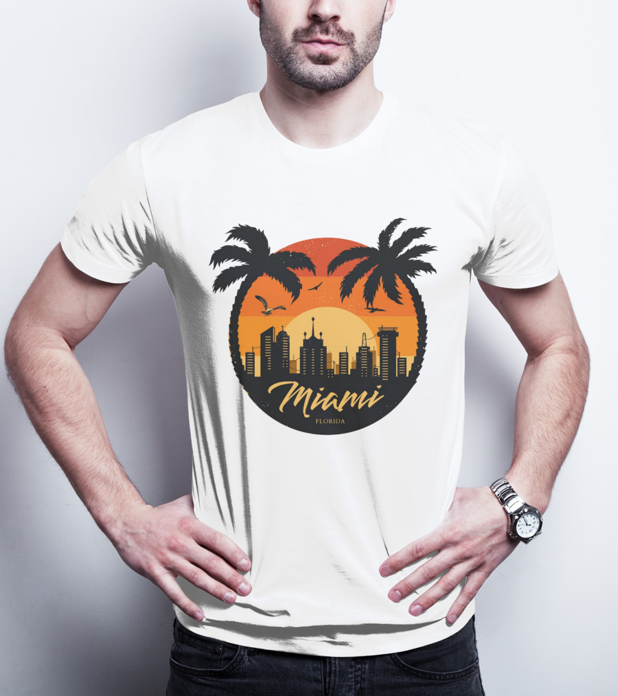 Miami Florida Sunset Skyline Palm Trees T-Shirt