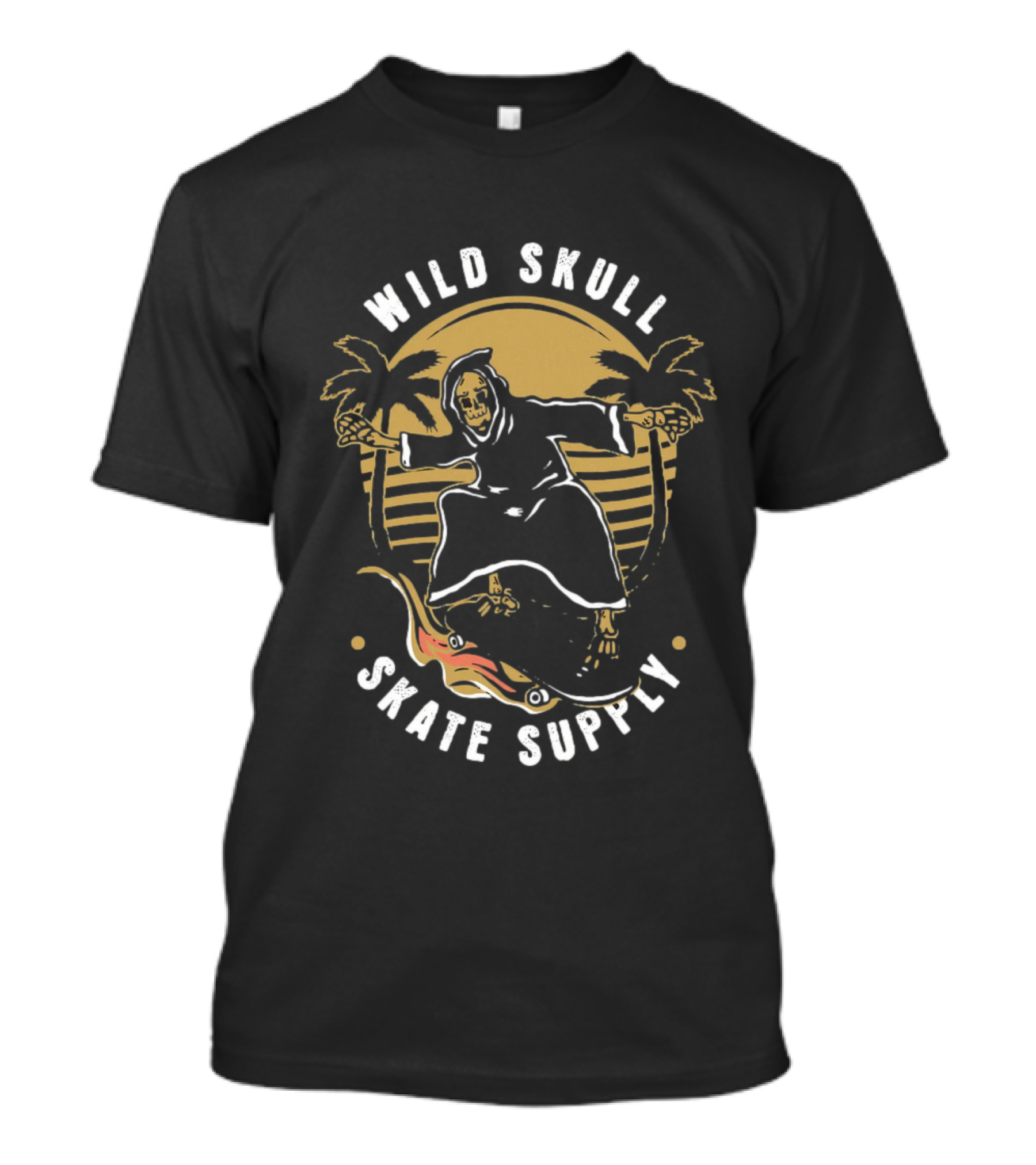 Wild Skull Skate Supply Grim Reaper Skateboarding Palm Trees Retro T-Shirt