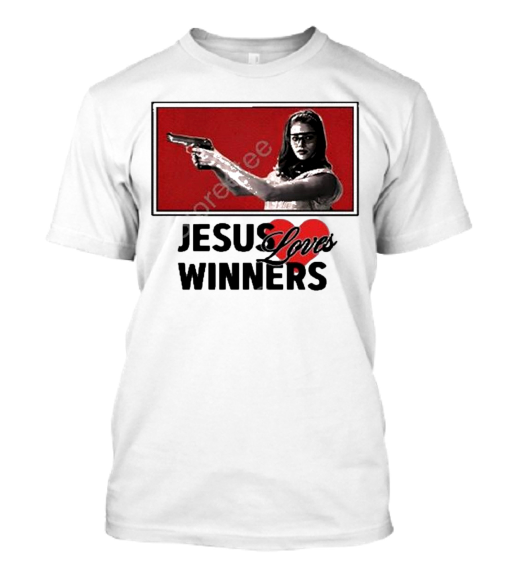 Super Yaki Jesus Loves Winners Red Gun Woman T-Shirt