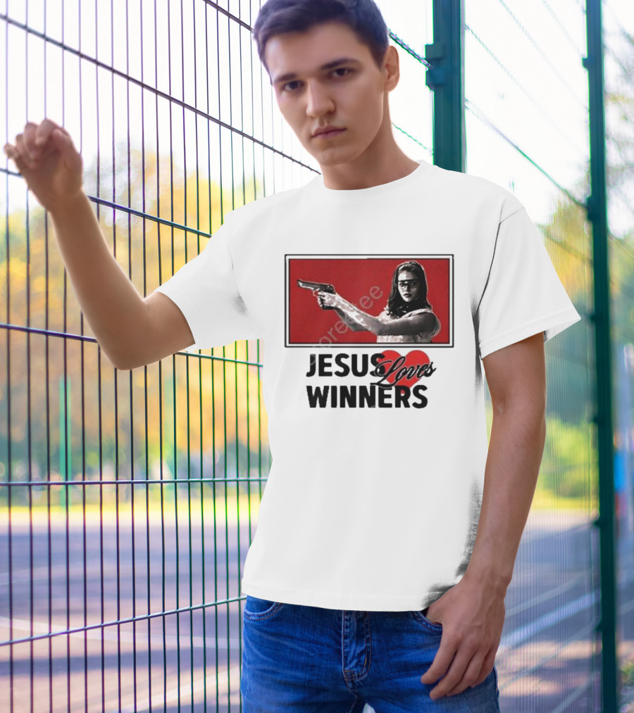 Super Yaki Jesus Loves Winners Red Gun Woman T-Shirt