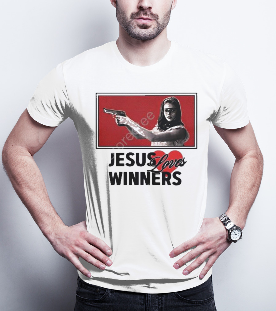 Super Yaki Jesus Loves Winners Red Gun Woman T-Shirt