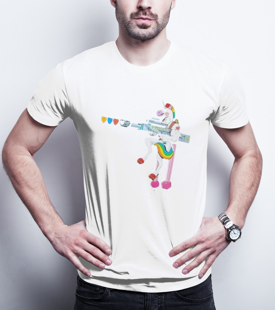 Punl-rock Rainbow Unicorn Armed With Colorful Hearts T-Shirt
