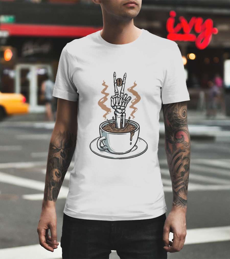 Skeleton In Cappuccino Dead Inside But Still Caffeinated Rock Hand Gesture T-Shirt