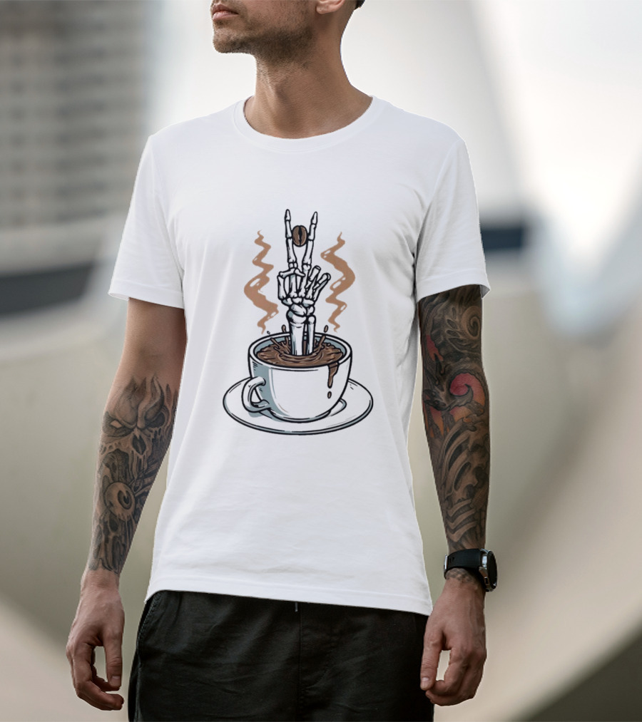 Skeleton In Cappuccino Dead Inside But Still Caffeinated Rock Hand Gesture T-Shirt