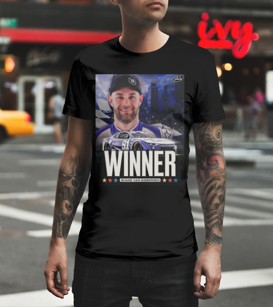 NASCAR Winner Shane Van Gisbergen With Race Car And Cityscape Background T-Shirt