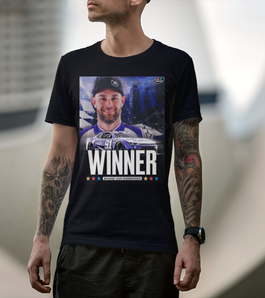 NASCAR Winner Shane Van Gisbergen With Race Car And Cityscape Background T-Shirt
