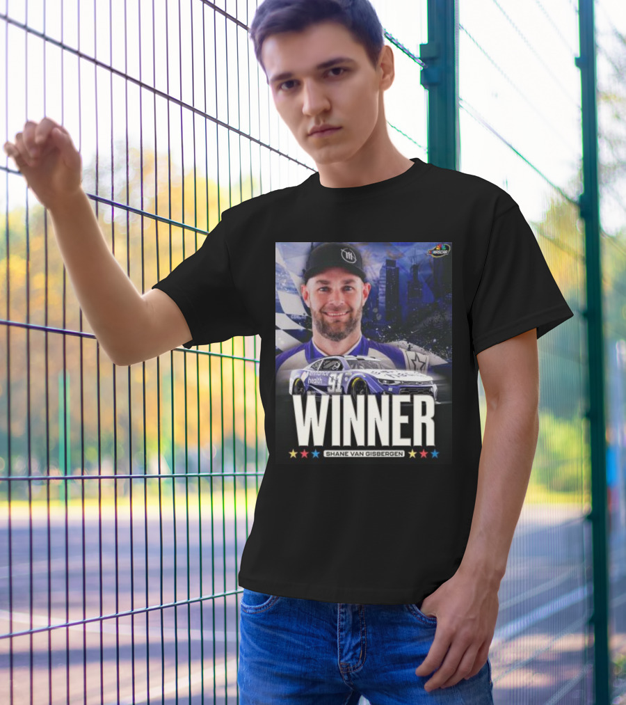 NASCAR Winner Shane Van Gisbergen With Race Car And Cityscape Background T-Shirt