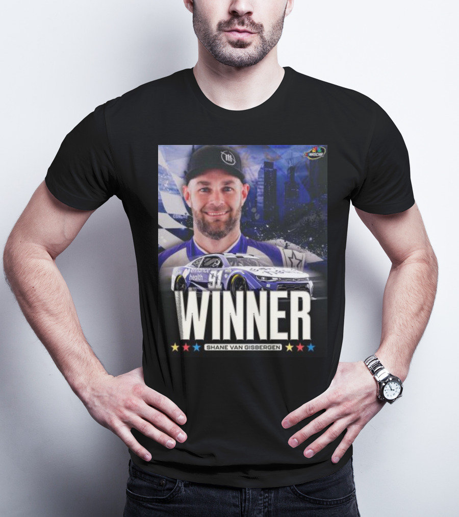 NASCAR Winner Shane Van Gisbergen With Race Car And Cityscape Background T-Shirt