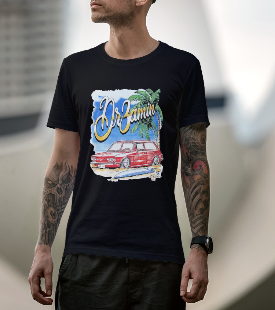 DrZamin Red Car Tropical Beach Scene With Palm Trees Surfboard T-Shirt