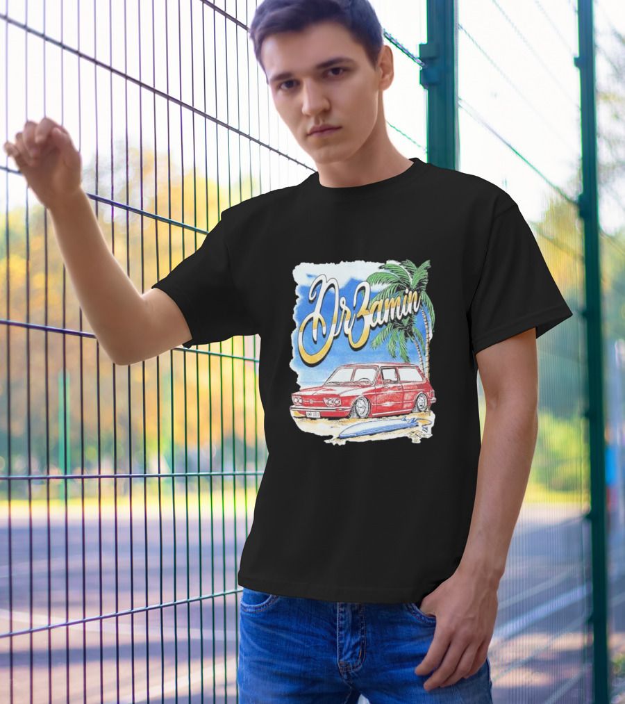 DrZamin Red Car Tropical Beach Scene With Palm Trees Surfboard T-Shirt