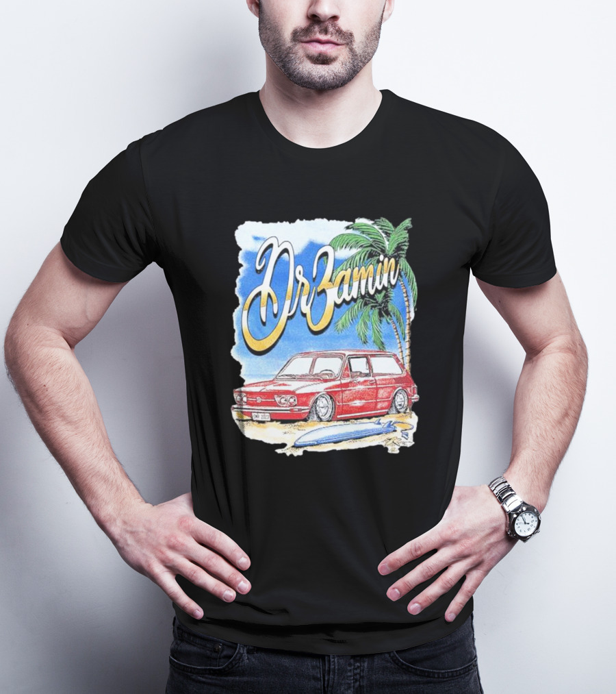 DrZamin Red Car Tropical Beach Scene With Palm Trees Surfboard T-Shirt