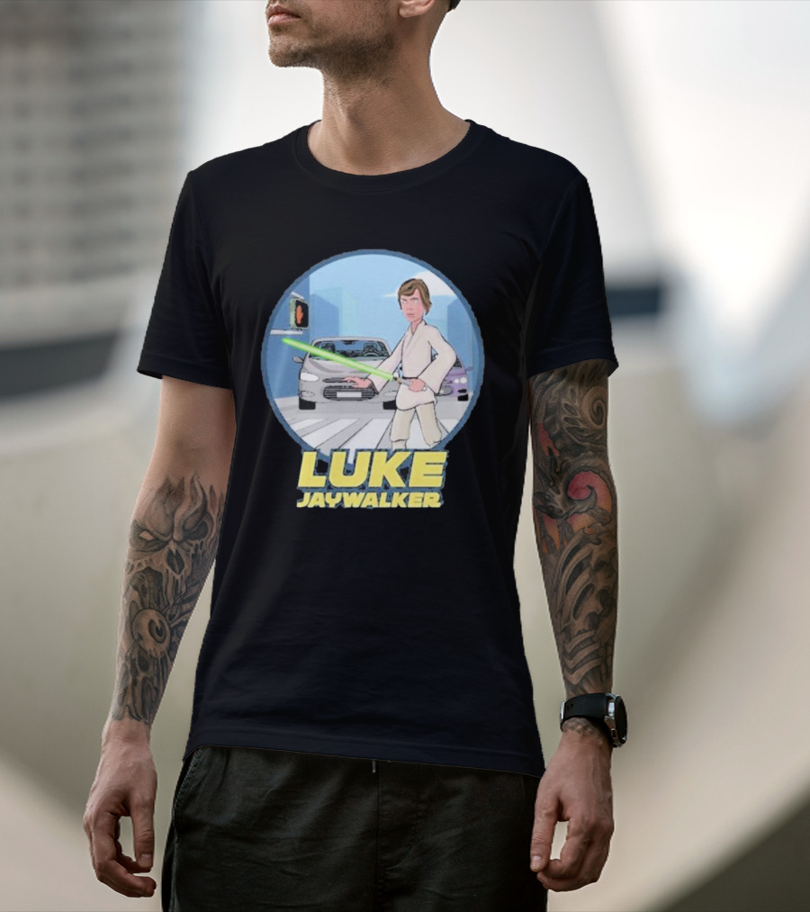 LUKE JAYWALKER CROSSING WITH LIGHTSABER AND TRAFFIC CARS T-Shirt