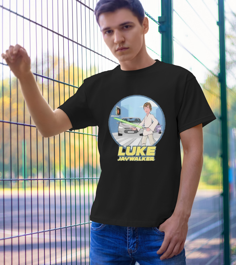 LUKE JAYWALKER CROSSING WITH LIGHTSABER AND TRAFFIC CARS T-Shirt
