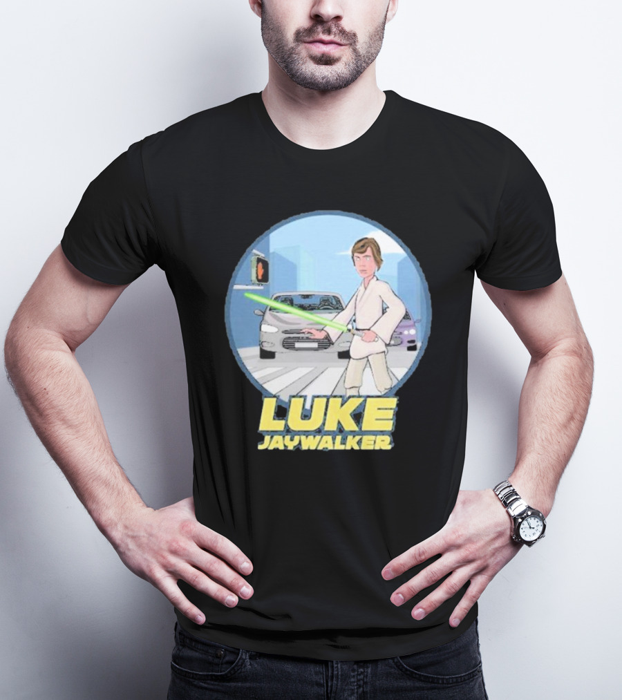 LUKE JAYWALKER CROSSING WITH LIGHTSABER AND TRAFFIC CARS T-Shirt