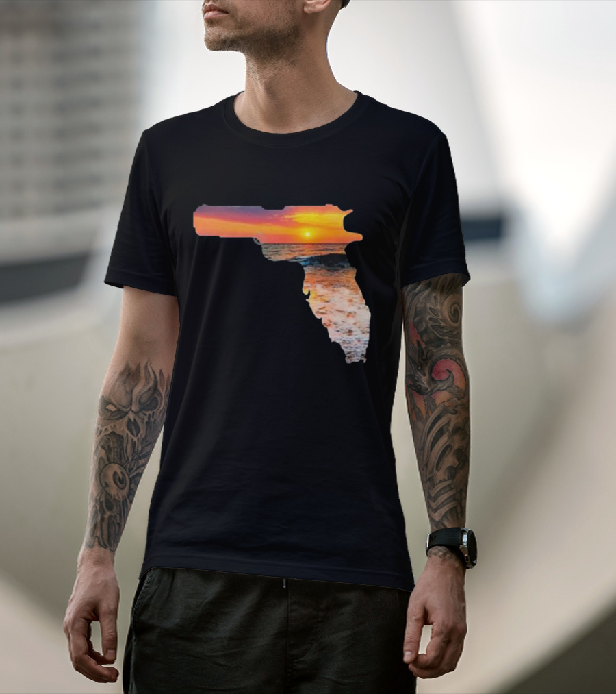 Florida The Gunshine State Gun Map Sunset Beach Scene T-Shirt