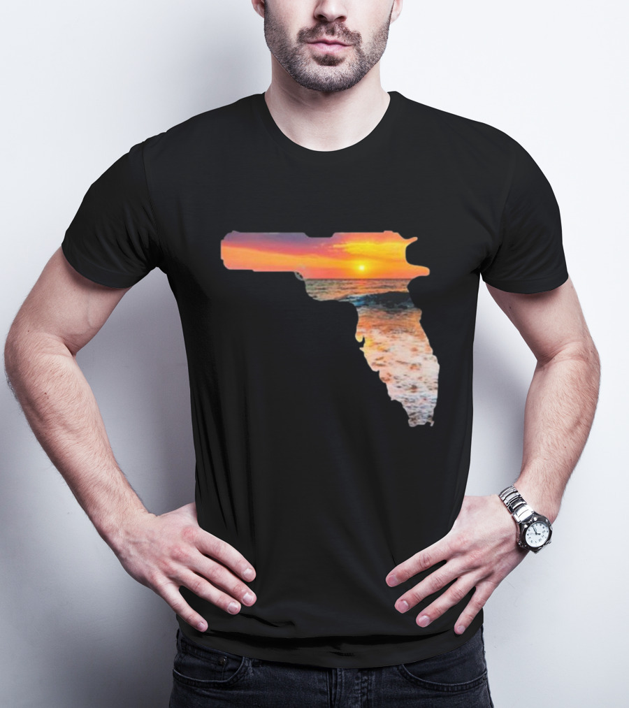 Florida The Gunshine State Gun Map Sunset Beach Scene T-Shirt