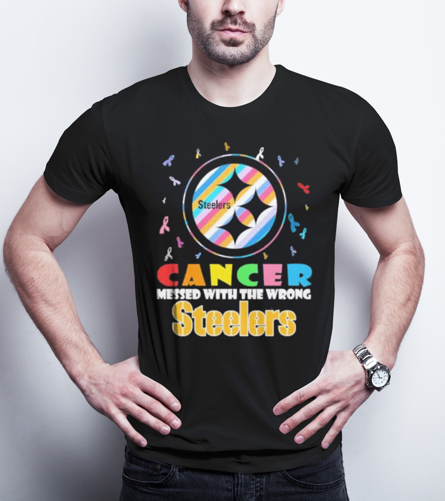 Cancer Messed With The Wrong Pittsburgh Steelers Colorful Ribbons T-Shirt