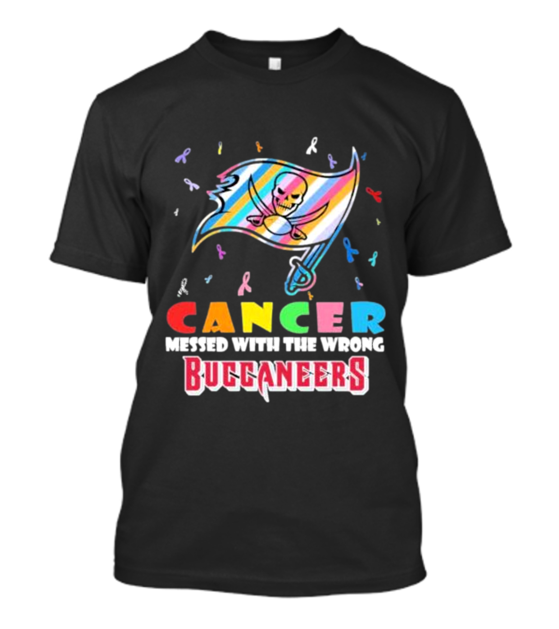 Cancer Messed With The Wrong Buccaneers Rainbow Skull Flag And Ribbons T-Shirt