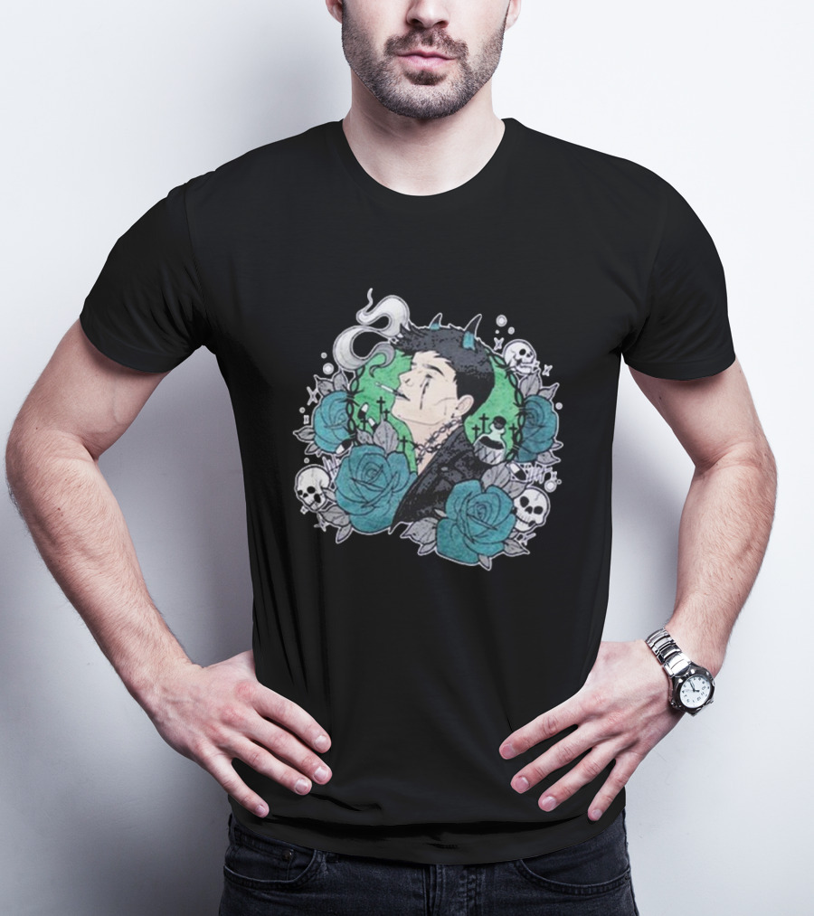 Costee Vampyyri Gothic Blue Roses And Skulls With Vampire And Smoke T-Shirt