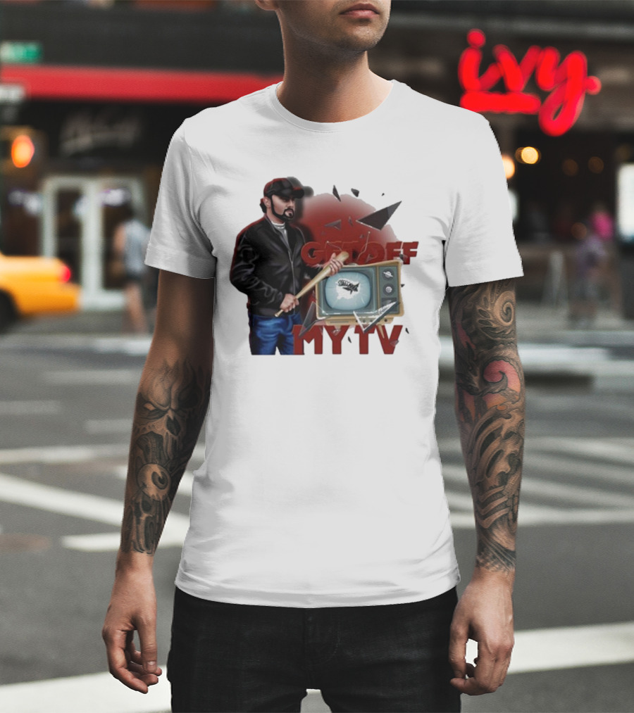 Get Off My TV Baseball Bat Vintage TV Shattered Screen T-Shirt