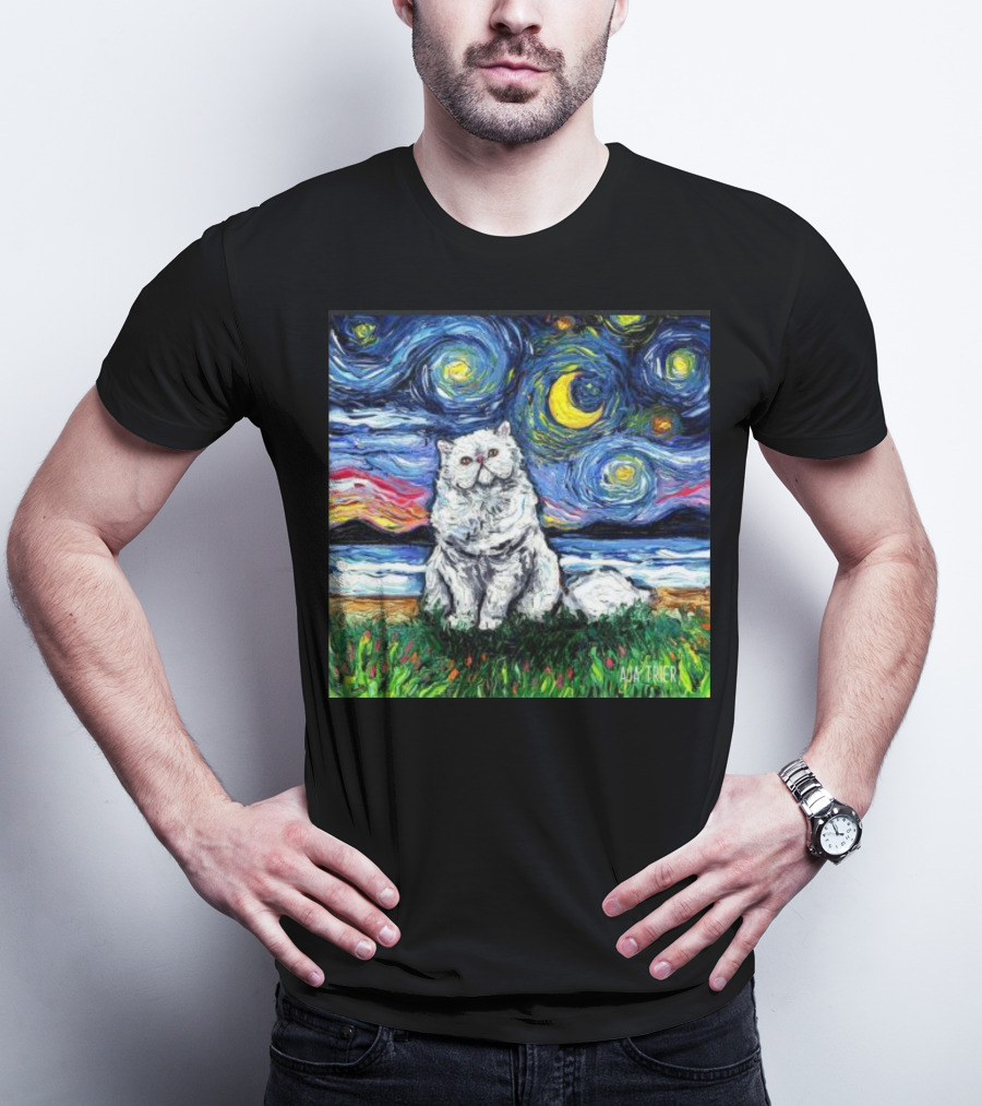 Aja Trier Starry Night Persian Cat Painting T-Shirt