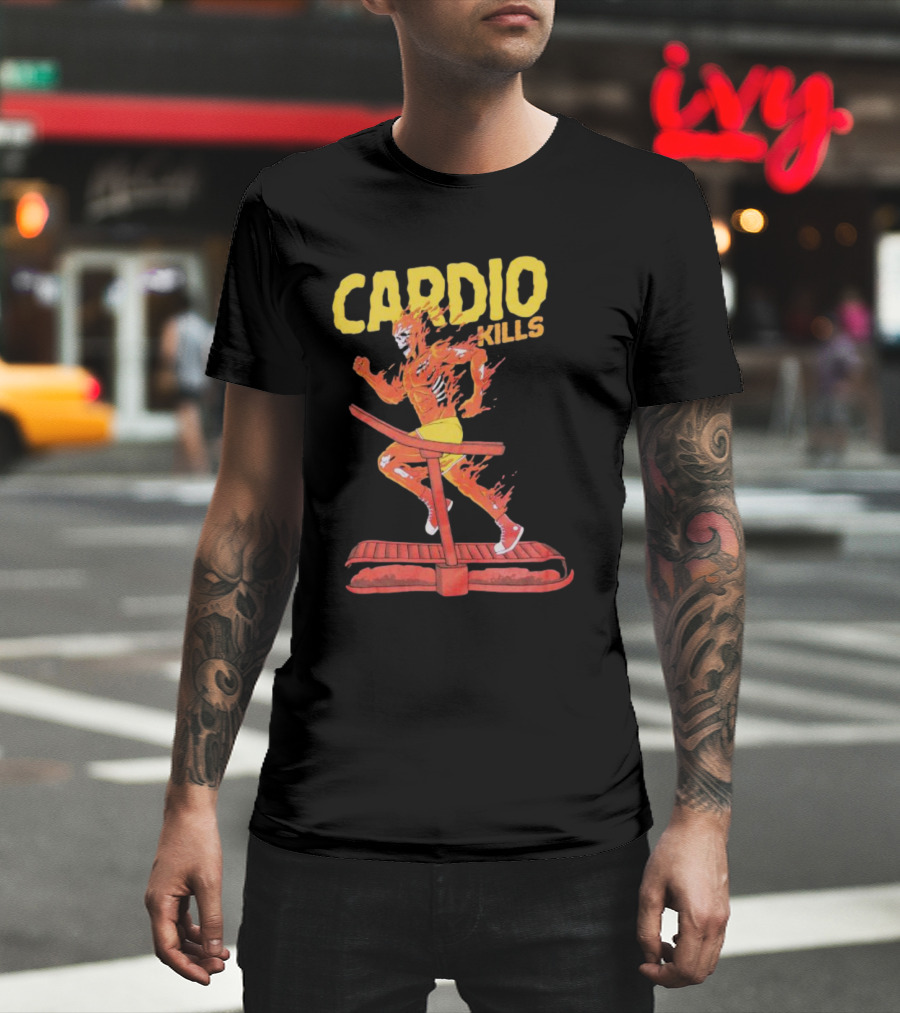 CARDIO KILLS Flaming Runner On Treadmill T-Shirt