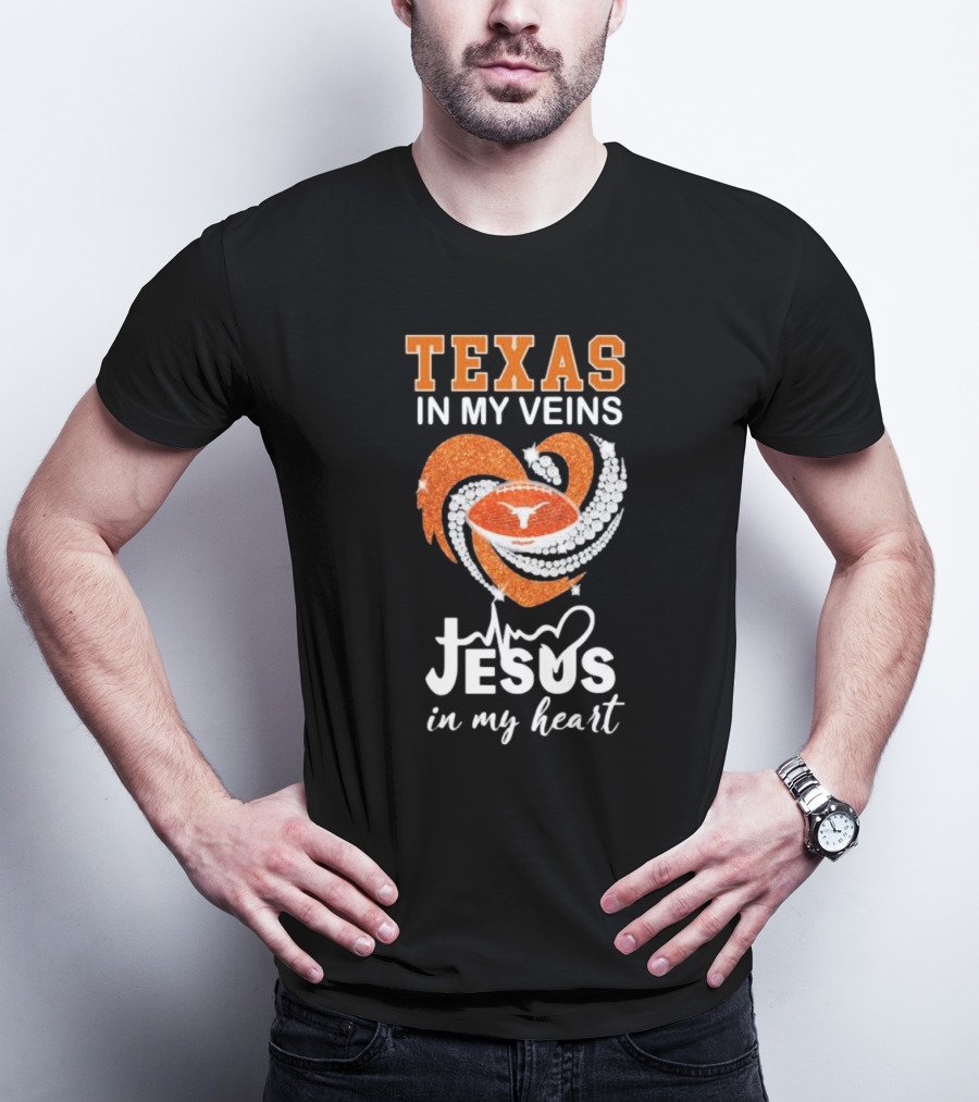 Texas In My Veins Jesus In My Heart Football Diamond T-Shirt