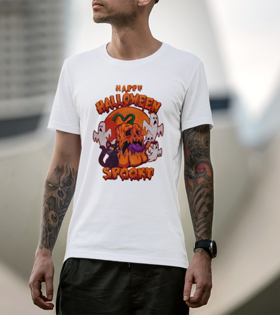 Happy Halloween Spooky Horror Pumpkin Ghosts Black Cat T-Shirt