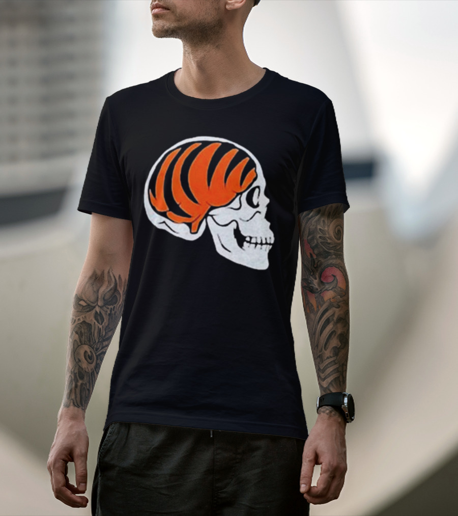 Goodberry Bengals Brain Skull With Orange Tiger Stripes T-Shirt