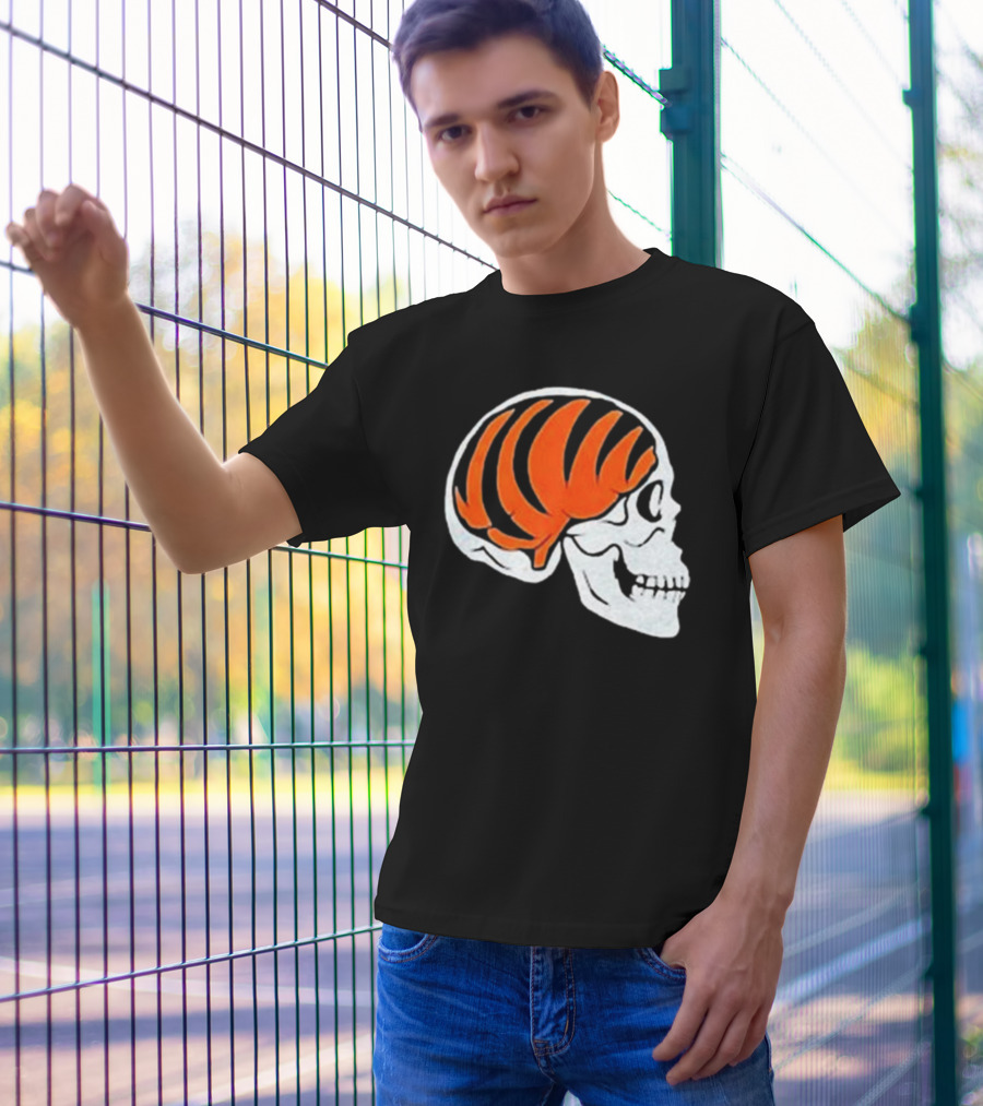 Goodberry Bengals Brain Skull With Orange Tiger Stripes T-Shirt