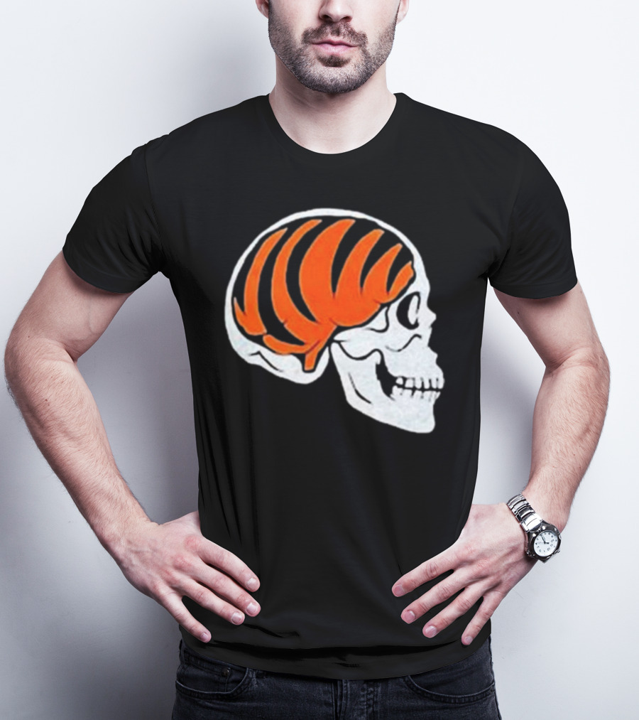 Goodberry Bengals Brain Skull With Orange Tiger Stripes T-Shirt