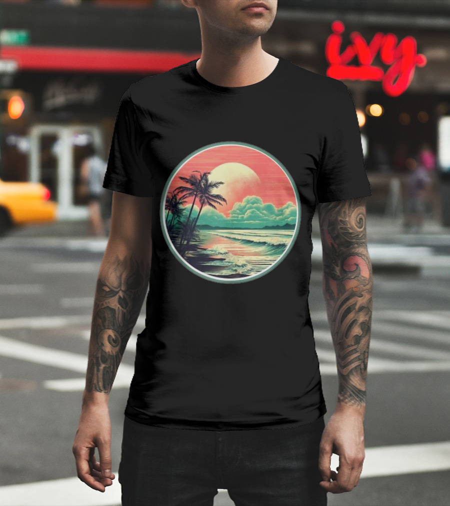 Tropical Ocean Moonscape Palms Waves Sunset Sky T-Shirt