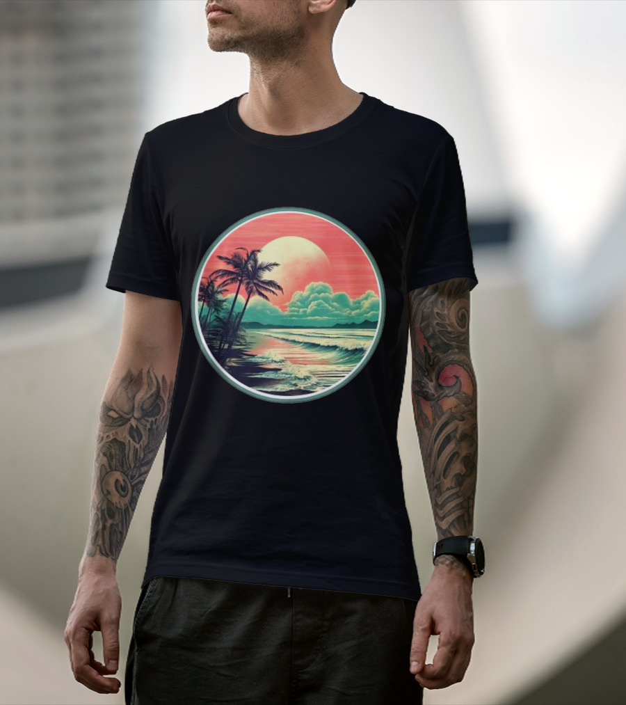 Tropical Ocean Moonscape Palms Waves Sunset Sky T-Shirt