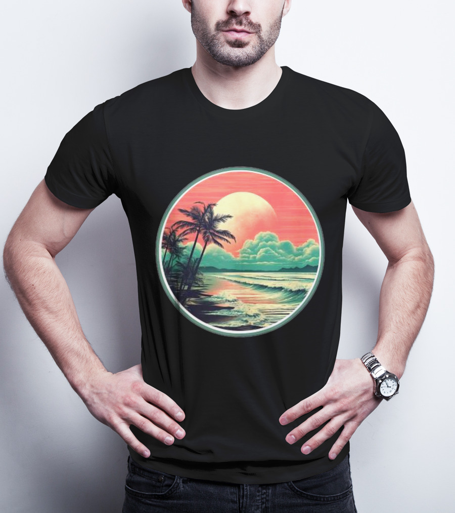 Tropical Ocean Moonscape Palms Waves Sunset Sky T-Shirt