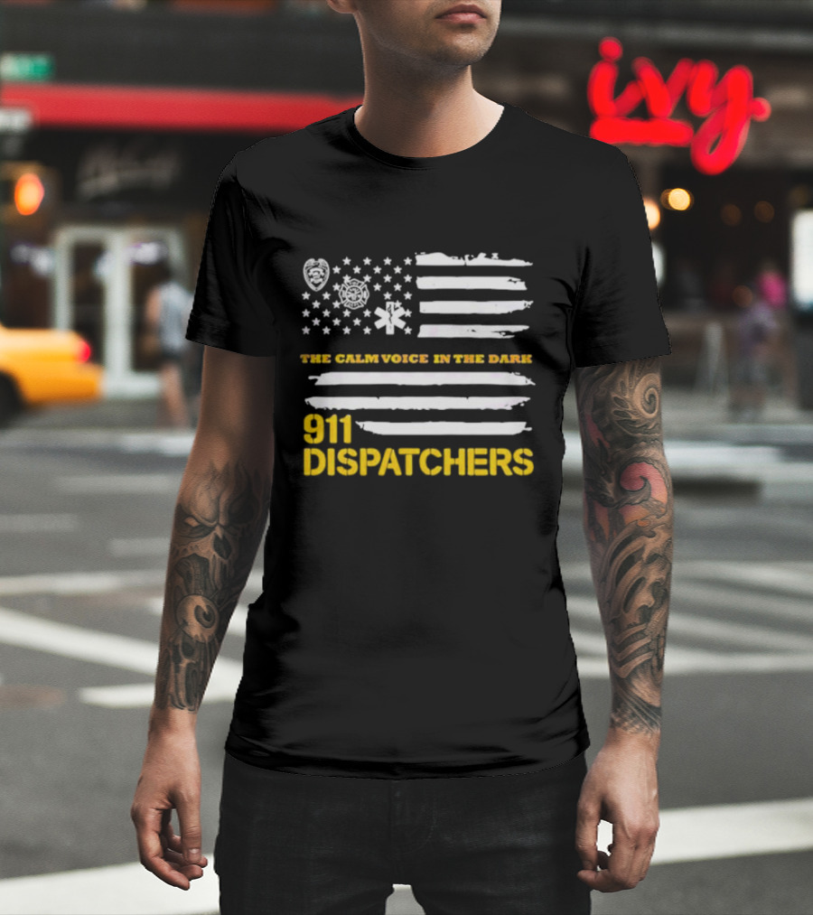 911 Dispatchers The Calm Voice In The Dark With Emergency Symbols And Distressed American Flag T-Shirt