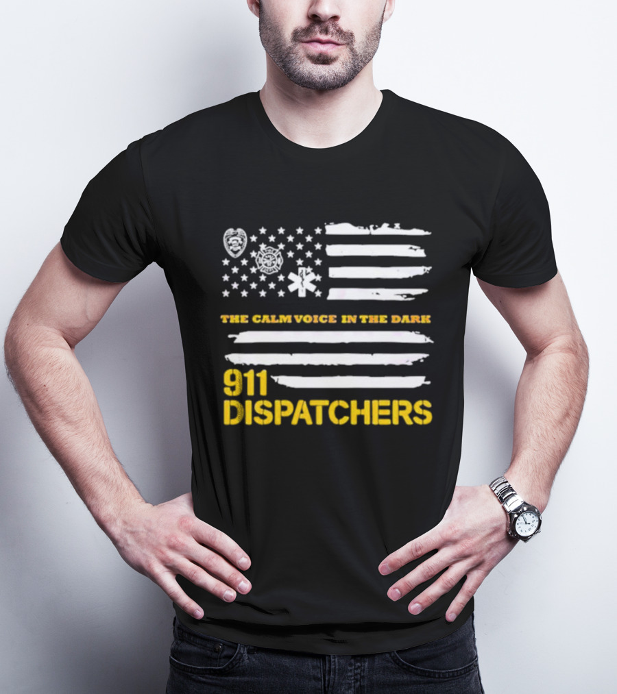 911 Dispatchers The Calm Voice In The Dark With Emergency Symbols And Distressed American Flag T-Shirt