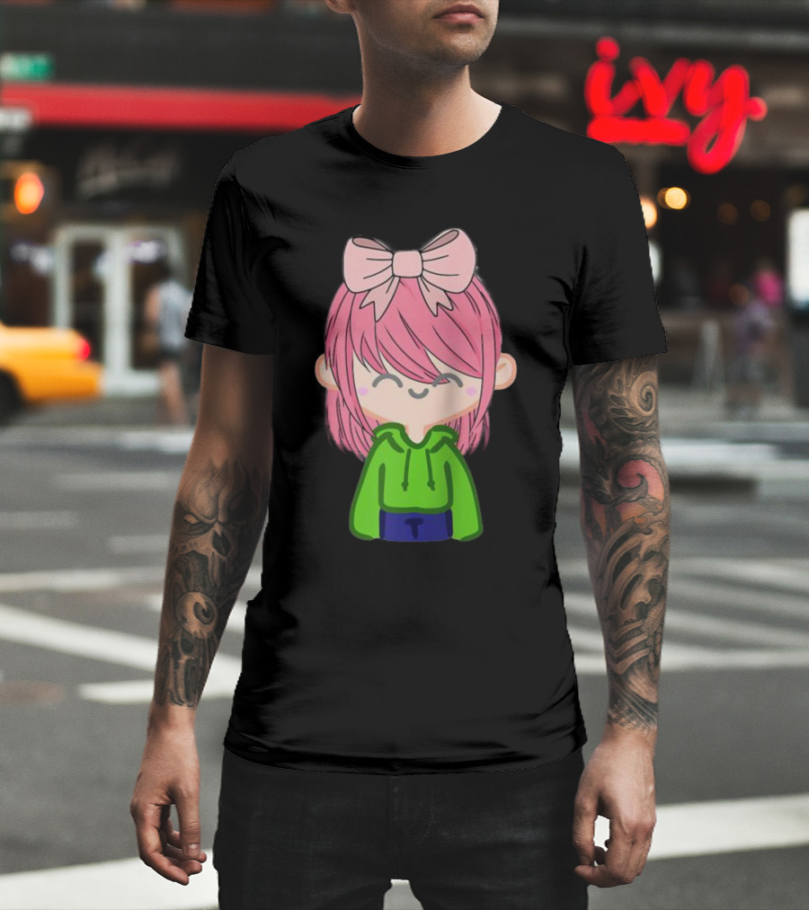 Alli Cat Pink Hair Girl Green Hoodie Bow Raglan Baseball T-Shirt