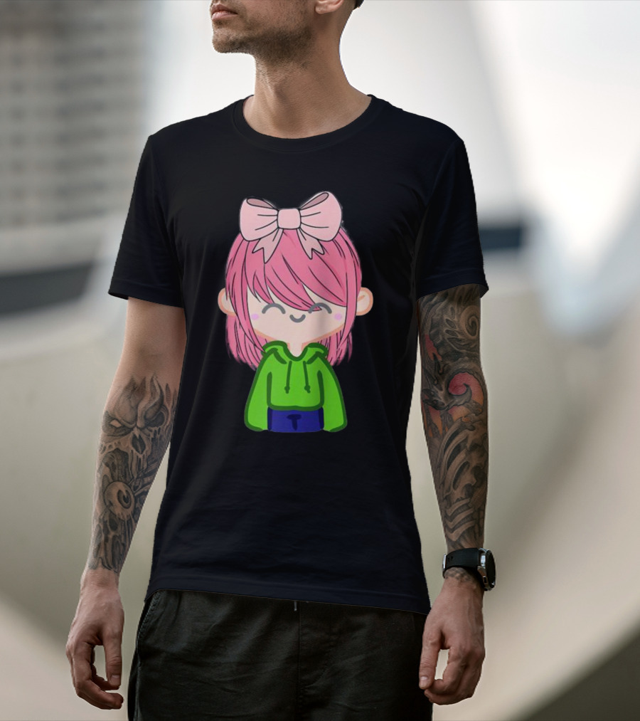 Alli Cat Pink Hair Girl Green Hoodie Bow Raglan Baseball T-Shirt