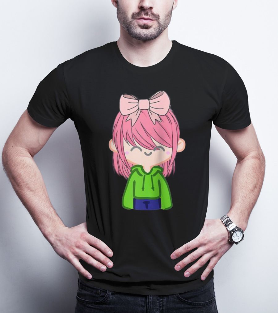 Alli Cat Pink Hair Girl Green Hoodie Bow Raglan Baseball T-Shirt