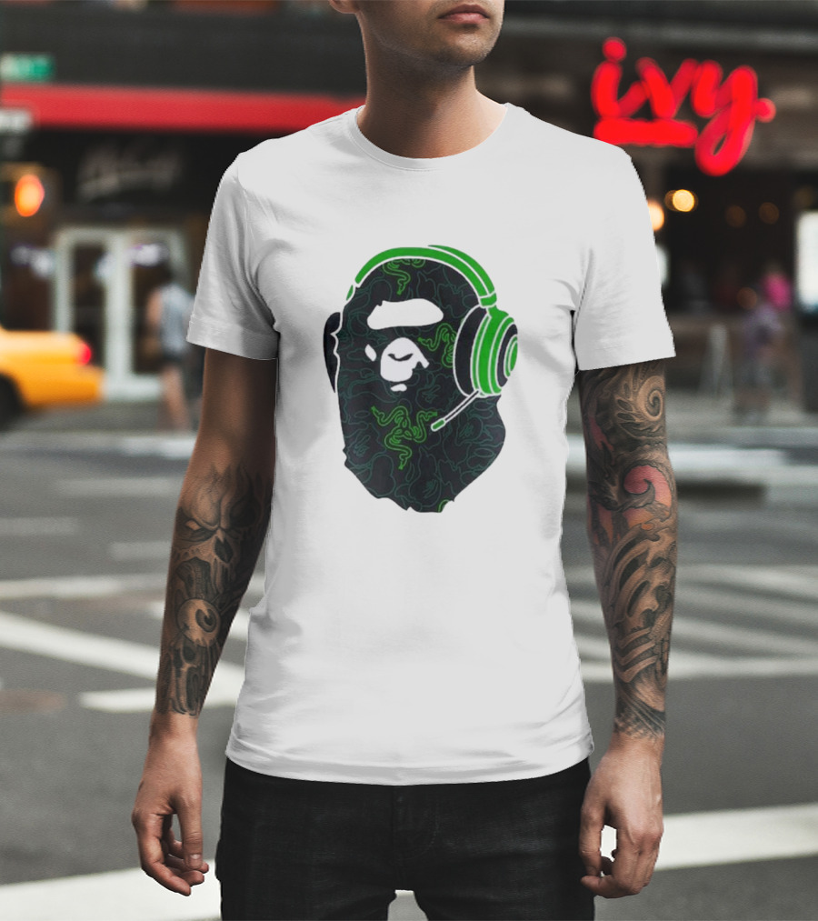 Bape X Razer Neon Camo Ape Head With Green Gaming Headset T-Shirt