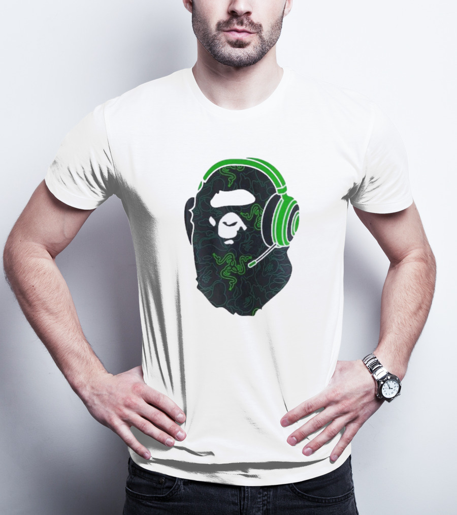 Bape X Razer Neon Camo Ape Head With Green Gaming Headset T-Shirt