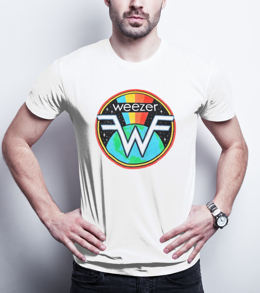 Weezer WF Earth Rainbow Alternative Rock Planet Badge T-Shirt