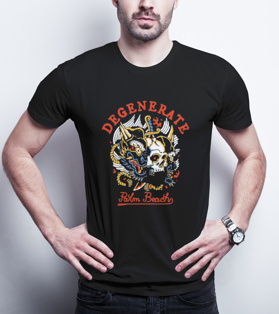 DEGENERATE Masked Skull And Dragon Palm Beach T-Shirt