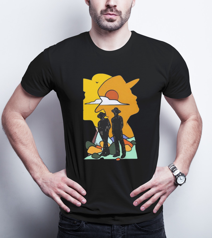 Custom Radio Company Cowboy Silhouettes Against Sunset And Mountains T-Shirt