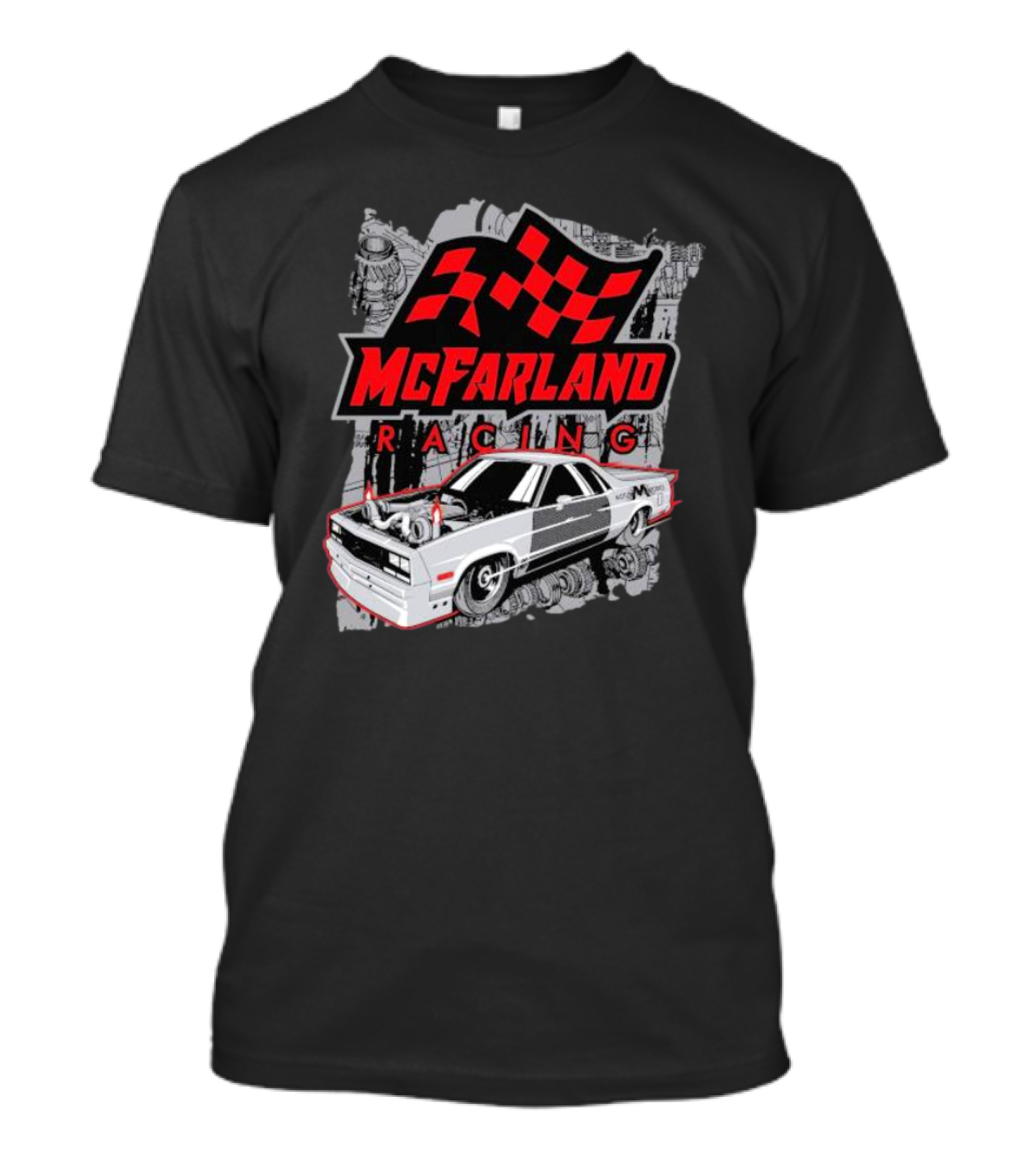 McFarland Racing Cleetus Mullet Turbocharged Car And Checkered Flag T-Shirt