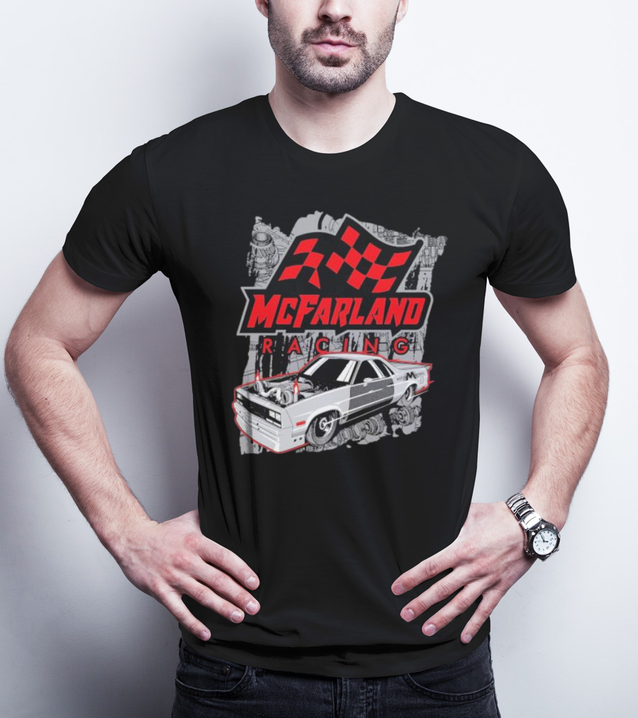 McFarland Racing Cleetus Mullet Turbocharged Car And Checkered Flag T-Shirt