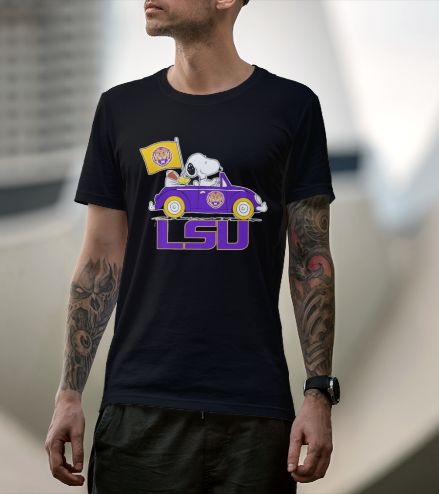 Snoopy And Woodstock Driving Purple LSU Car With Flag T-Shirt