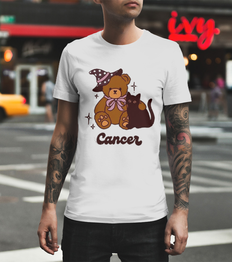 Cancer Teddy Bear With Witch Hat And Black Cat T-Shirt
