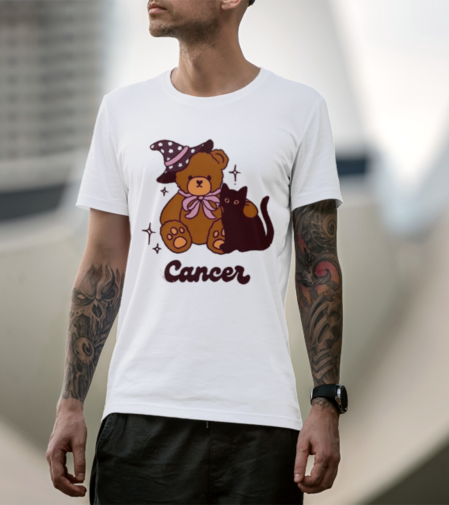 Cancer Teddy Bear With Witch Hat And Black Cat T-Shirt